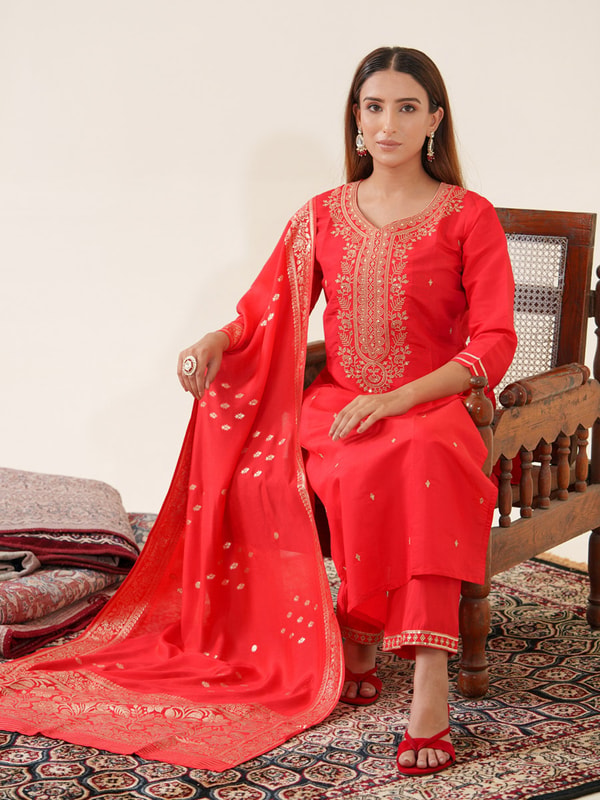 Embellished Straight Kurta with Trouser and Dupatta Set For Women at ...