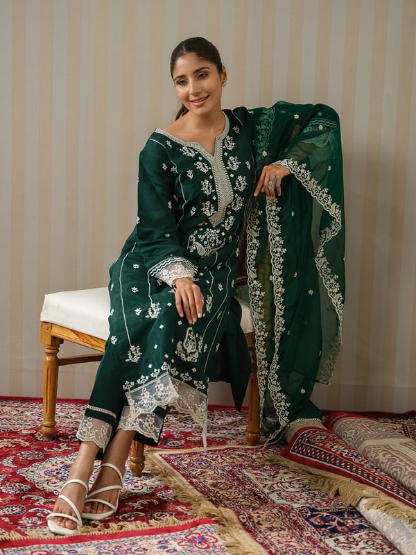 Embroidered Straight Kurta with Trouser and Dupatta Set For Women at ...