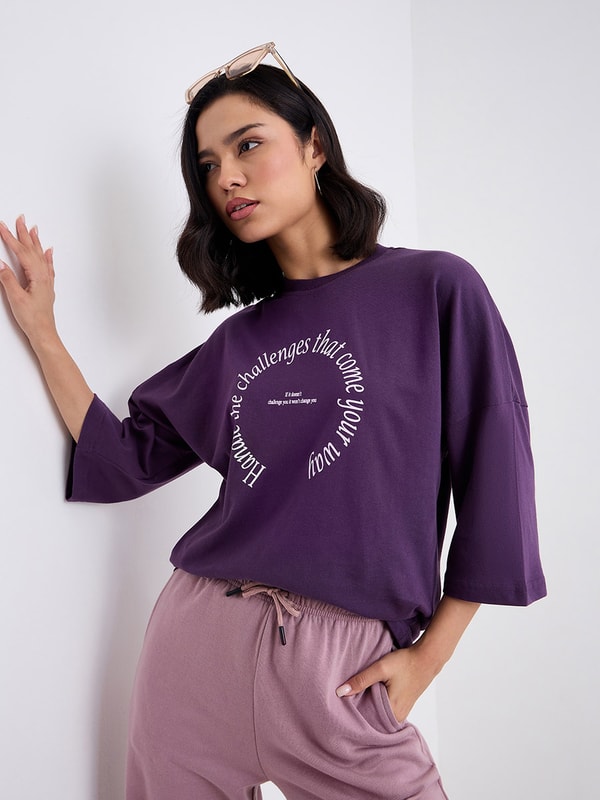 Purple Oversized Slogan Print 100% Cotton T-Shirt For Women at UAE | Styli
