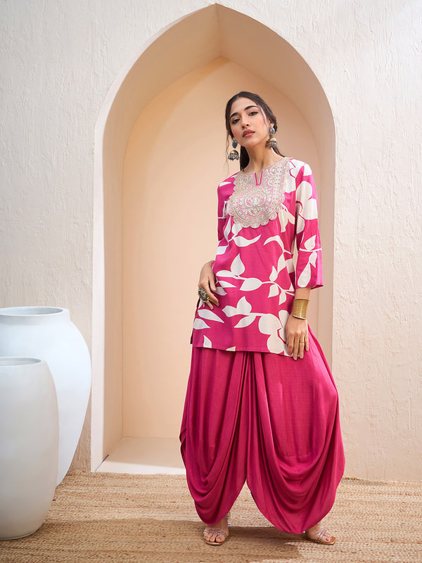 Buy Pink Floral Embroidered Kurta and Dhoti Skirt Set Pink For Women ...