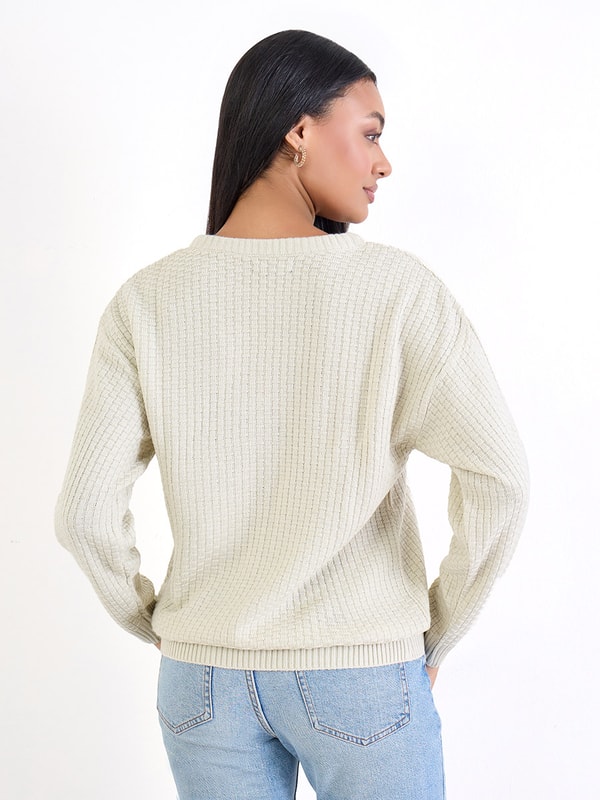 Off White Knit Regular Fit Sweater For Women at UAE | Styli