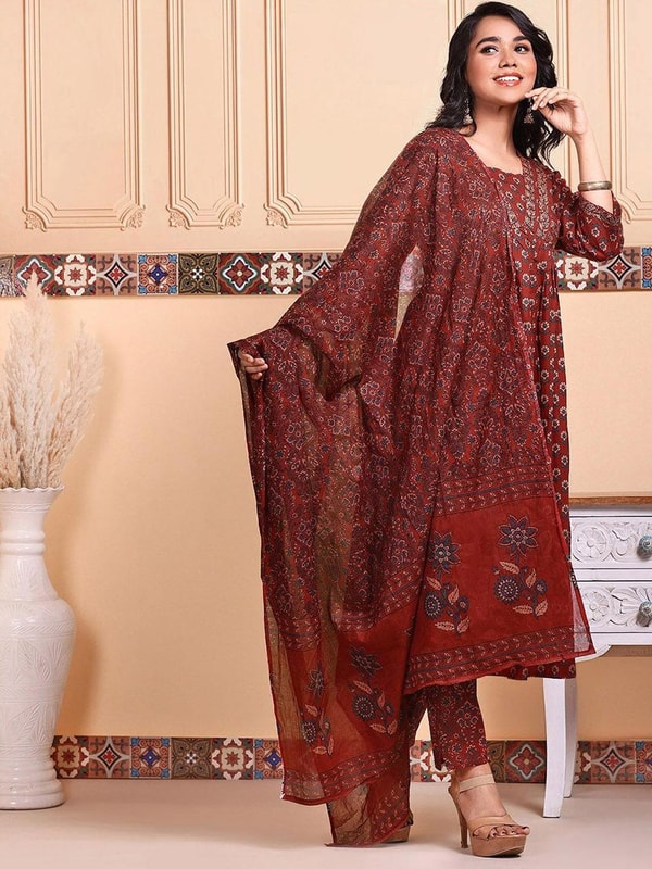 Floral Print Cotton Kurta with Trousers and Dupatta Set For Women at ...