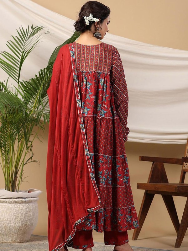 Floral Print Tiered Kurta with Trousers and Dupatta Set For Women at ...