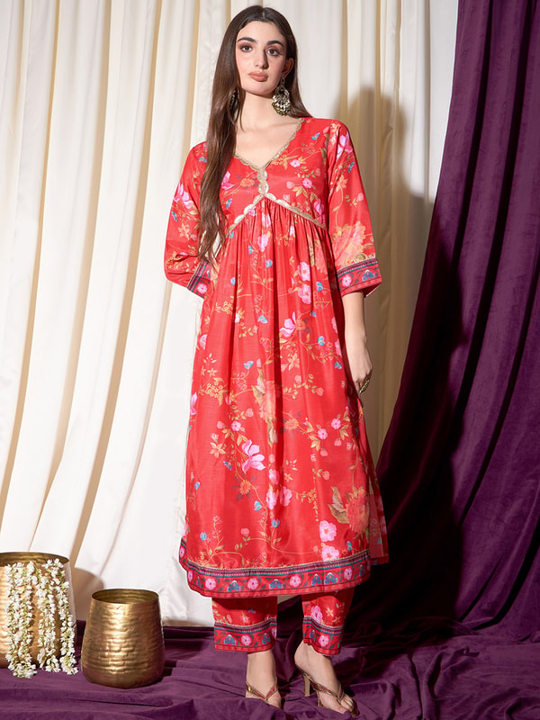 Red Floral Print Empire Kurta and Trousers Set For Women at Kuwait | Styli