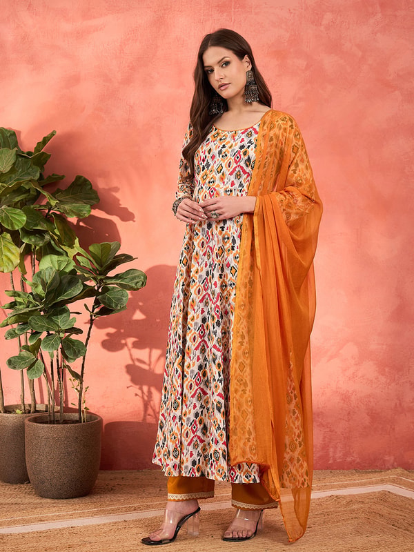 White Printed Cambric Anarkali Kurta with Pencil Pants and Dupatta Set ...