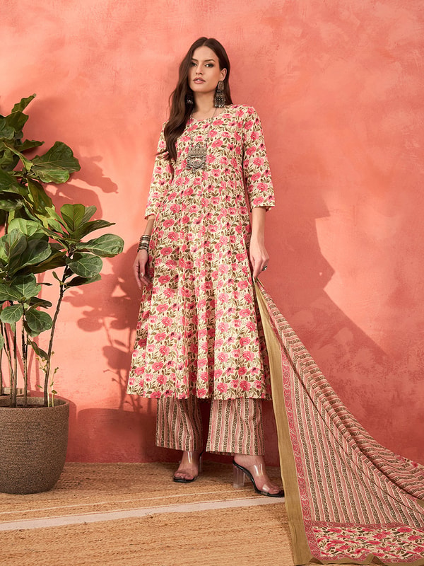 Off White and Pink Floral Anarkali Kurta with Pencil Pants and Dupatta ...