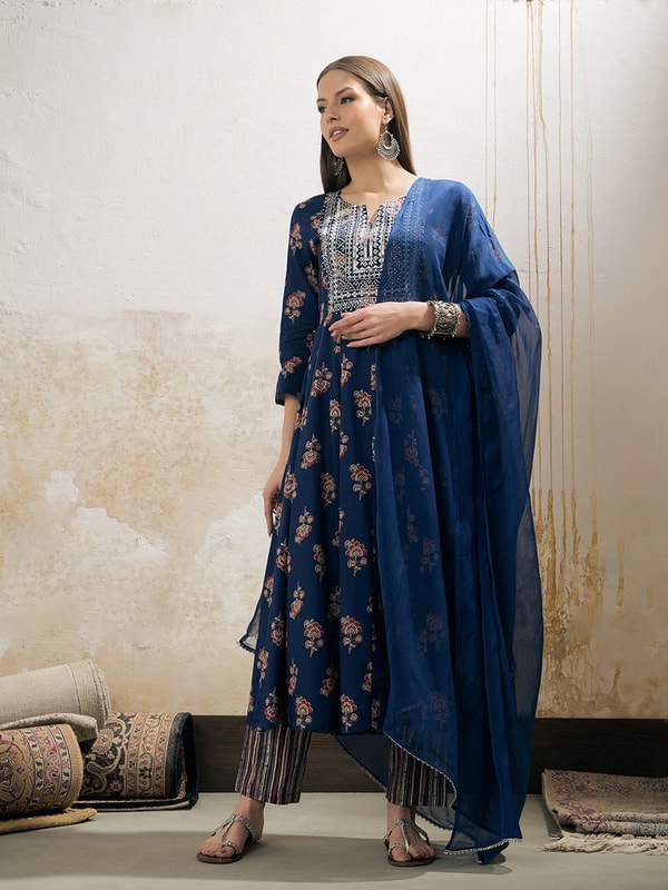 Navy Floral Anarkali Kurta with Pants and Dupatta Set For Women at UAE ...