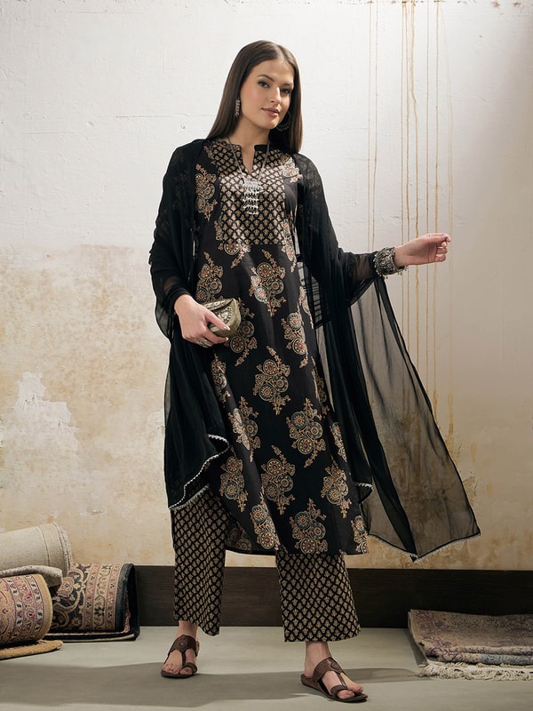 Buy Black Floral Straight Kurta with Pencil Pants and Dupatta Set Black ...