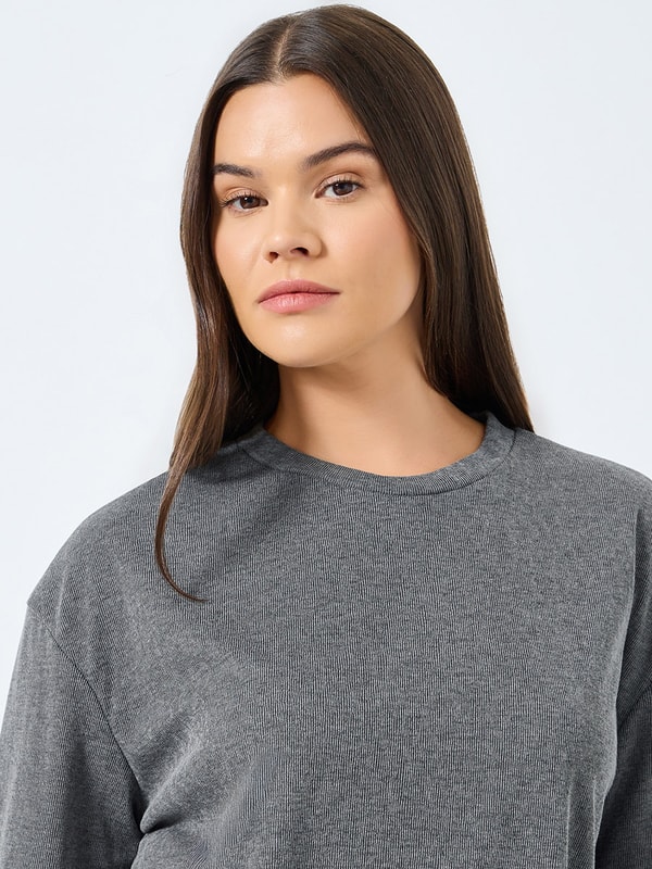 Grey Longline Oversized Knit T-Shirt For Women at UAE | Styli