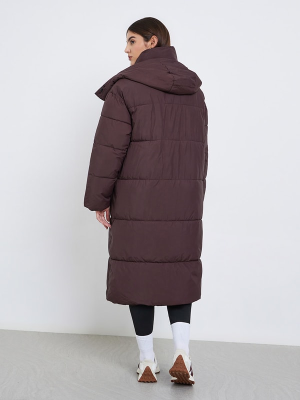 Burgundy Plain Oversized Midi Length Padded Coat with Hood For Women at ...