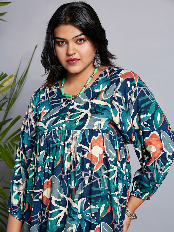 Plus Size Blue All Over Print Fusion Midi Dress For Women at Saudi | Styli