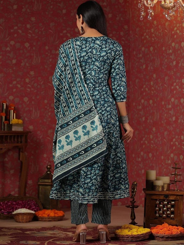 Blue Floral Kurta with Pants and Dupatta Set For Women at Saudi | Styli
