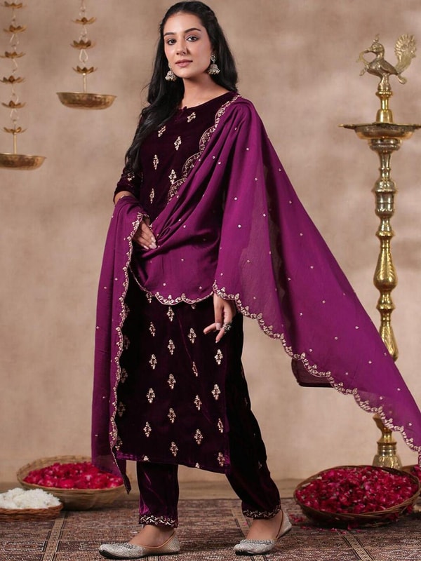 Purple Velvet Kurta with Pants and Dupatta Set For Women at Saudi | Styli