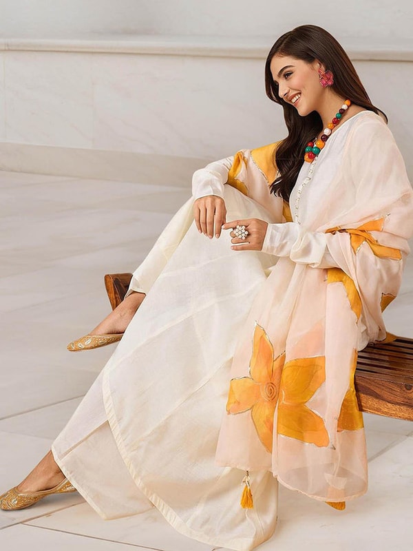 Off White Silk Blend Kurta with Pants and Dupatta Set For Women at ...