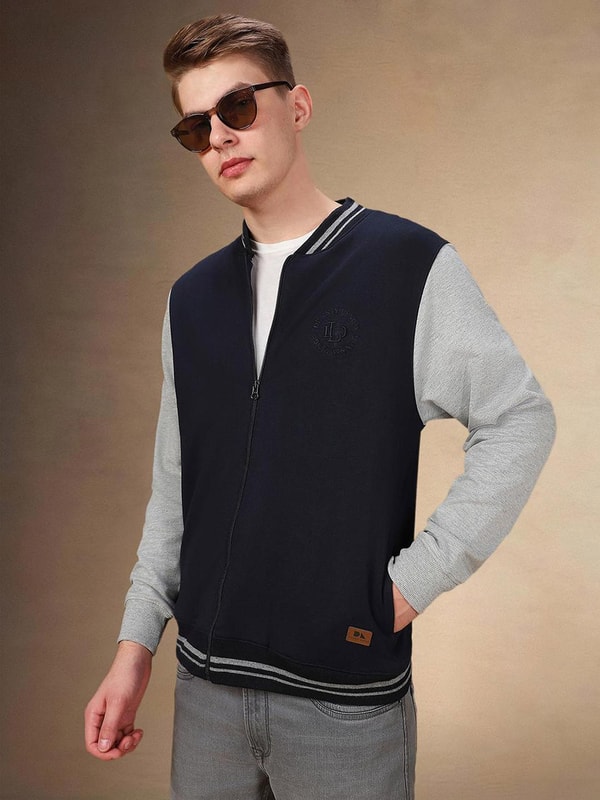 Men Navy Blue Color Block Varsity Jacket For Men at Saudi | Styli