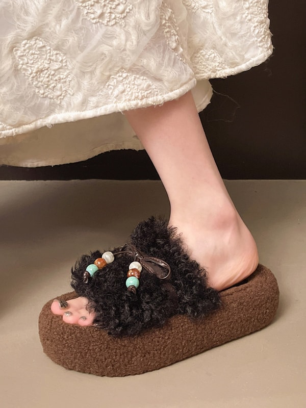 Plush Slides with Beaded Bow For Women at Saudi | Styli
