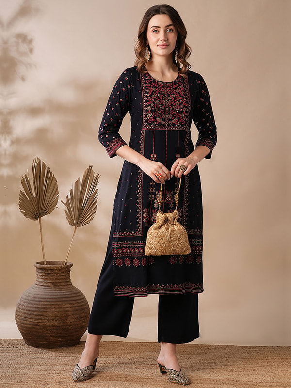 Black Kashmiri Gold Foil Floral Print Kurta and Elasticated Pants Set ...