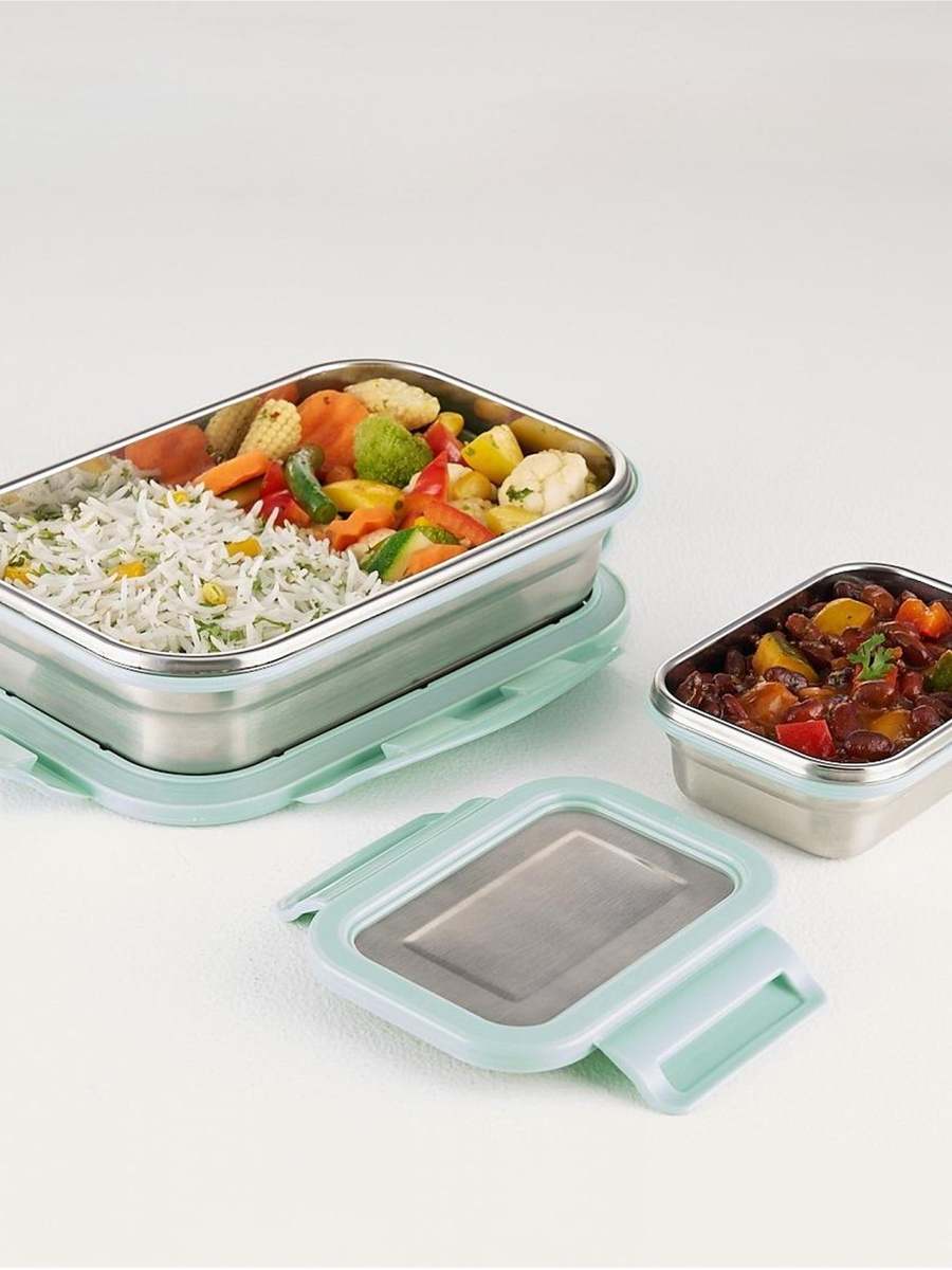2-Piece Stainless Steel Rectangular Lunch Box Set 800ml and 200ml ...