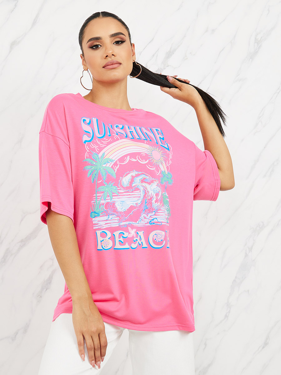 Buy Oversized Sunshine Graphic Print Round Neck T-shirt Pink Buy Oversized Sunshine Graphic Print Round Neck T-shirt Pink