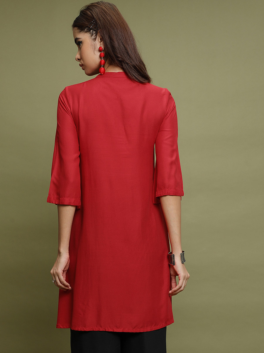 Buy Printed Tie Up Neck Longline Tunic Top Red For Women | Styli UAE