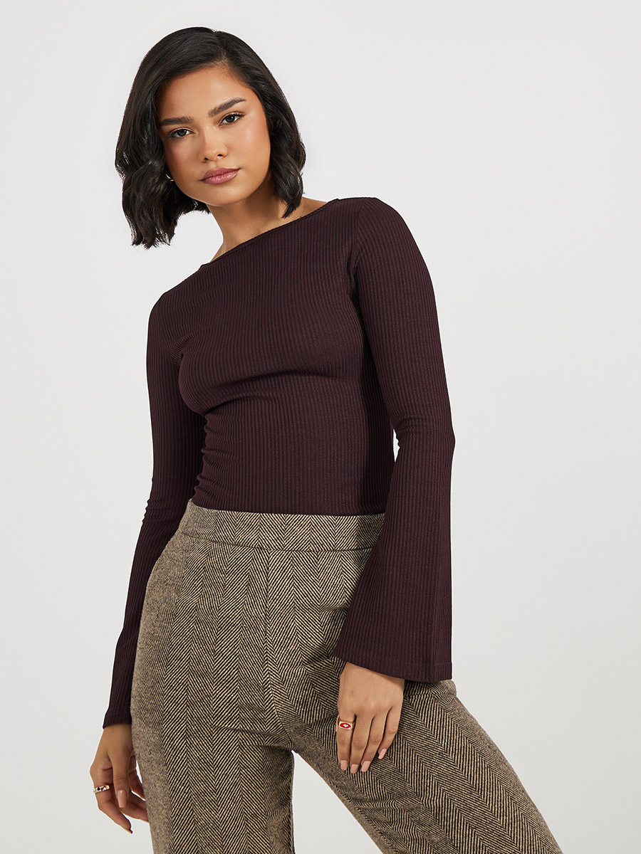 Rib Knit Top with Flared Sleeves For Women at UAE | Styli