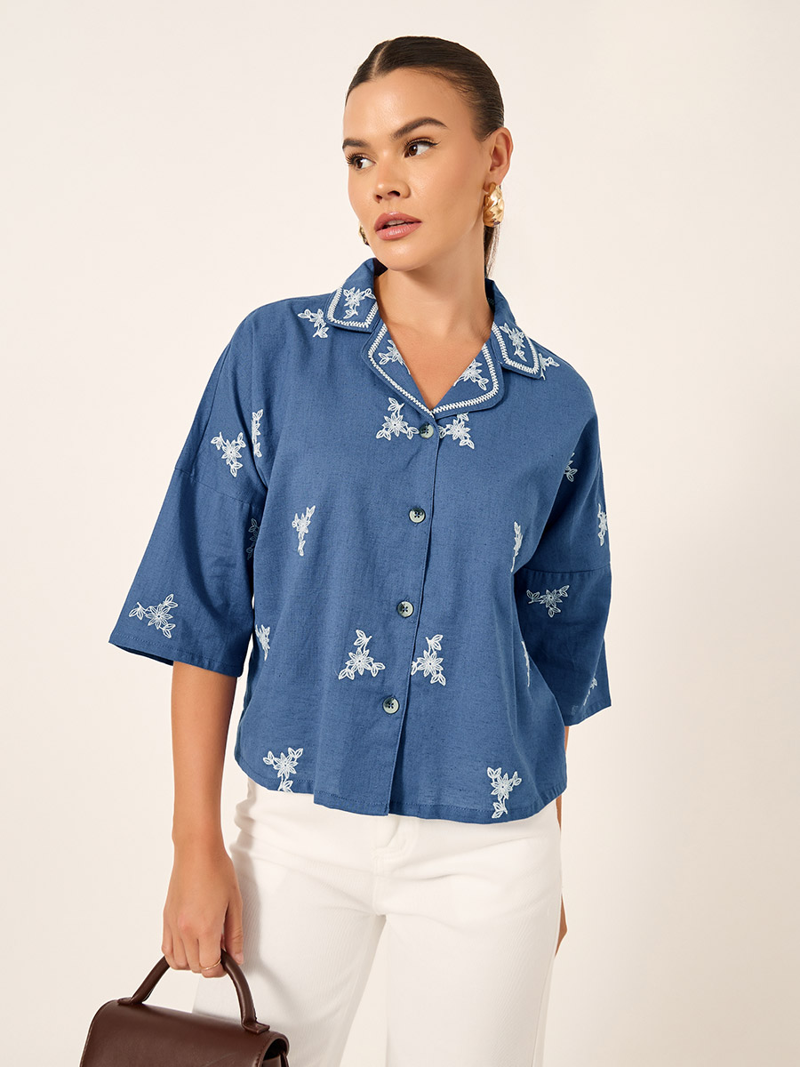 Buy Embroidered Notch Lapel Buttoned Top Dark Blue For Women | Styli UAE