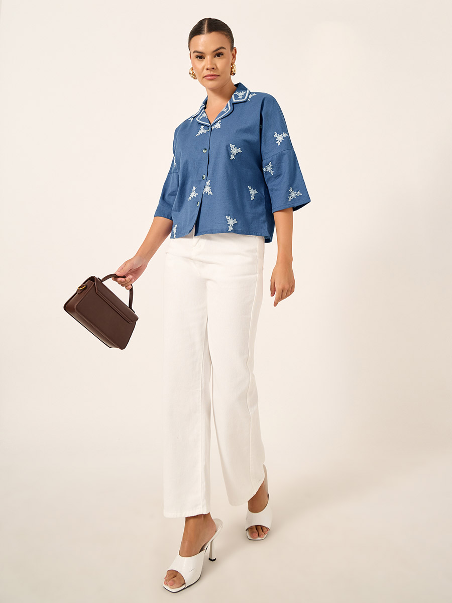 Buy Embroidered Notch Lapel Buttoned Top Dark Blue For Women | Styli UAE