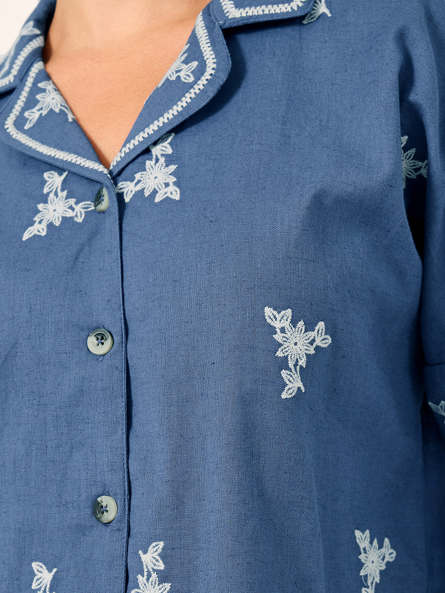 Buy Embroidered Notch Lapel Buttoned Top Dark Blue For Women | Styli UAE