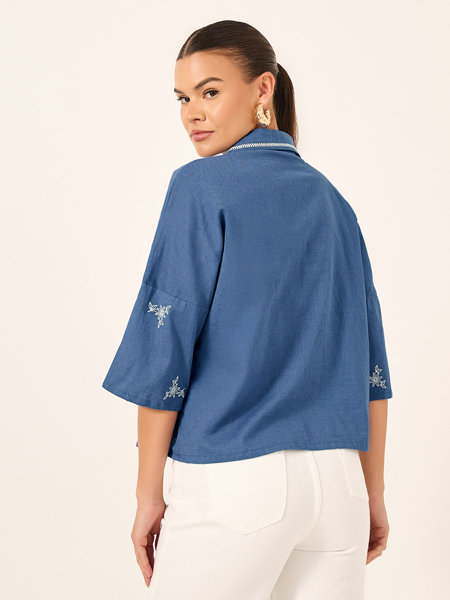 Buy Embroidered Notch Lapel Buttoned Top Dark Blue For Women | Styli UAE
