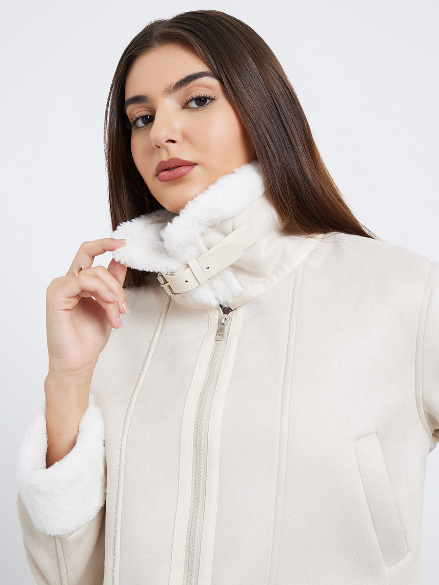 Beige Regular Fit Faux Shearling Aviator Jacket For Women at UAE | Styli